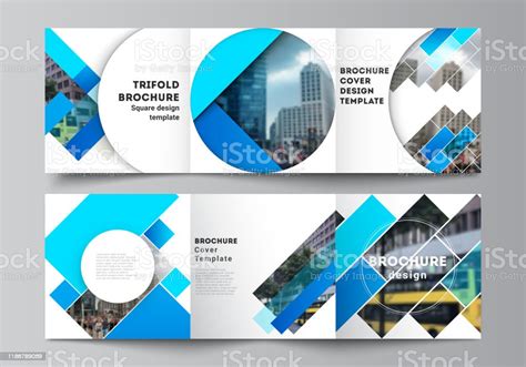 사각형 형식의 최소 벡터 편집 레이아웃은 삼중 브로셔 전단지 잡지에 대한 디자인 템플릿을 다룹니다 사각형과 추상 기하학적 패턴 창조적 인 현대 파란색 배경 3단 브로슈어에