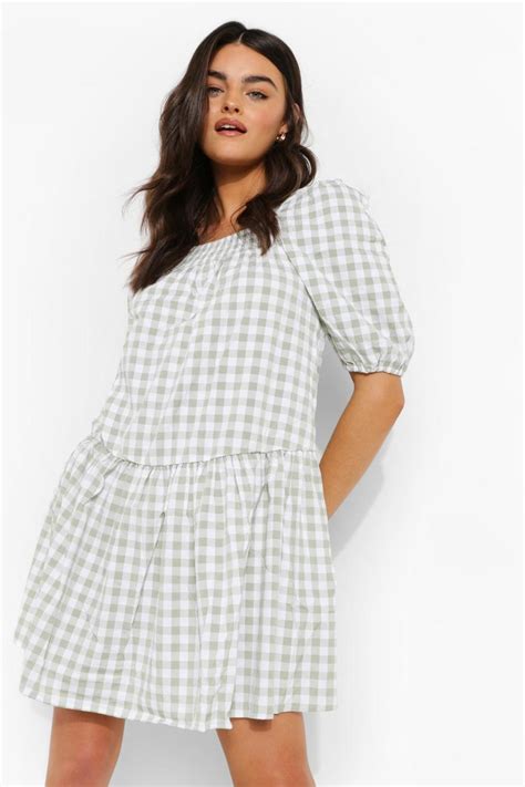 Gingham Square Neck Smock Dress Boohoo Usa