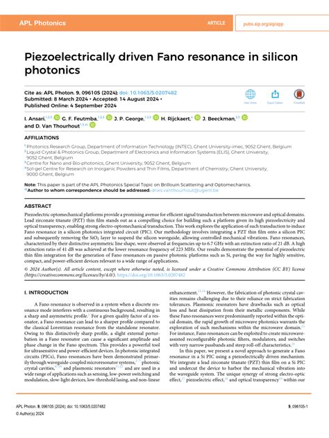 Pdf Piezoelectrically Driven Fano Resonance In Silicon Photonics
