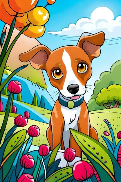 Personajes De Perros De Dibujos Animados Lindo Con Fondo De Flores Ai
