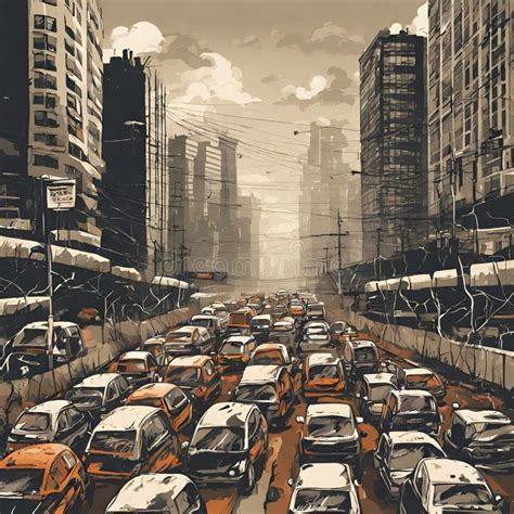 Illustration Of Cars Traffic In A City With Pollution Smoke And Garbage Stock Illustration