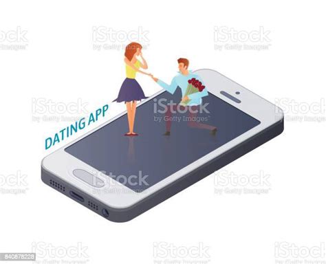 모바일 데이트 App 개념입니다 젊은 부부 남자 및 여자 스마트폰 화면에 날짜에 꽃을 가진 남자 여자 결혼의 제안을 합니다 벡터