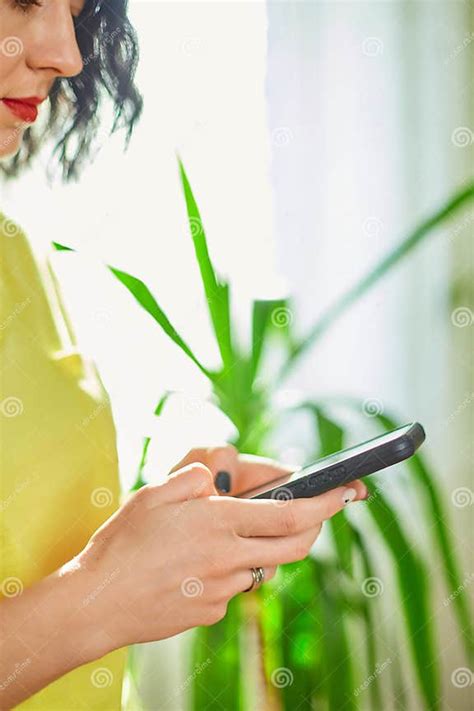 Woman Swipe Using Online Mobile Application Indoor Typing Text Stock