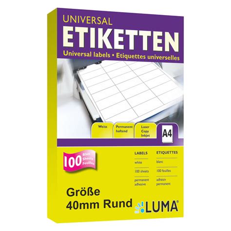 40mm Luma Etiketten Rund Weiß 24 runde Aufkleber pro A4 Drucker
