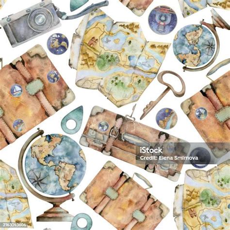 스티커 아이콘 핀 오래된 사진 카메라 지구본 및지도가있는 여행 가방 수채화 손으로 그린 예술입니다 완벽 한 패턴 관광 여행 브로셔 결혼식 가이드 인쇄 카드 문신을 위한