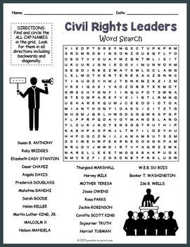 CIVIL RIGHTS LEADERS Word Search Puzzle Worksheet Activity Civil Rights Leaders Word Search