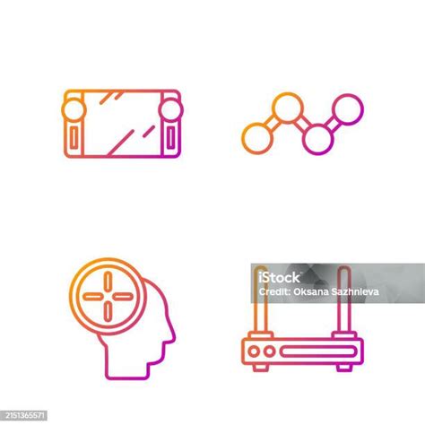 회선 라우터 및 Wifi 신호 헤드 헌팅 개념 휴대용 비디오 게임 콘솔 및 공유를 설정합니다 그라데이션 색상 아이콘 벡터 Brand Name Video Game에 대한 스톡