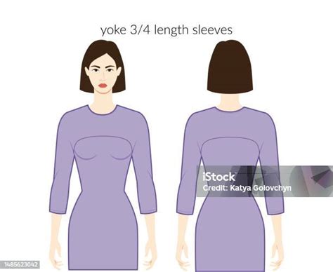 라벤더 탑 셔츠 드레스 테크니컬 패션 일러스트레이션 34 팔찌 길이의 멍에 소매 옷 캐릭터 아름 다운 아가씨 플랫 의류 템플릿 앞면 뒷면 여성 남성 남녀 공용 Cad 모형