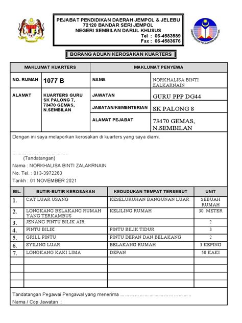 Borang Aduan Kerosakan Kuarters Pdf