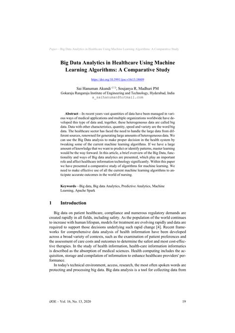 PDF Big Data Analytics In Healthcare Using Machine Learning Algorithms A Comparative Study