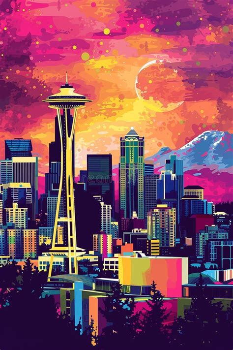 A Brightly Colored Cityscape With A Space Needle In The Background