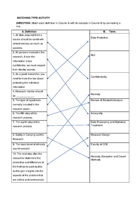 Matching Type Activity With Answers Matching Type Activity Direction