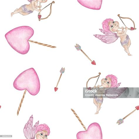 완벽 한 패턴입니다 발렌타인 하루입니다 섬세 한 사랑입니다 마음과 Cupids 활과 화살의 손으로 그린 물 컬러 일러스트 0명에 대한 스톡 벡터 아트 및 기타 이미지