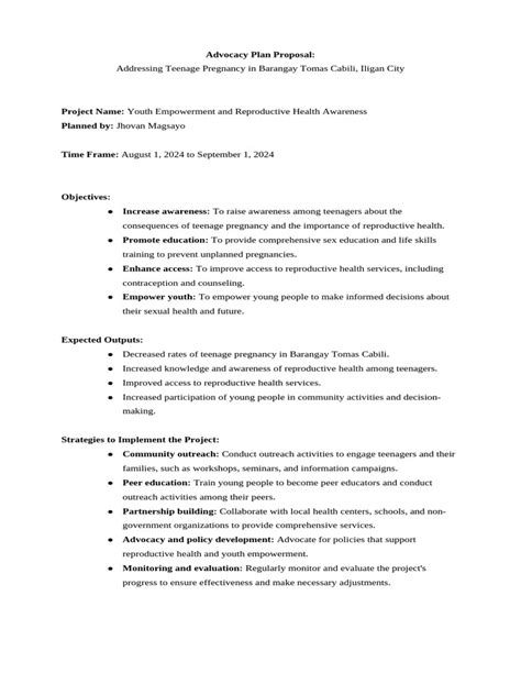 Advocacy Plan Proposal Addressing Teenage Pregnancy In Barangay Tomas