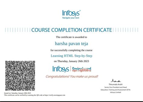Certificate Html Infosys Infosysspringboard Harsha Pavan Teja Ganjanaboina