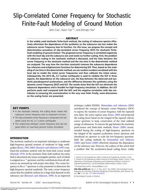 Pdf Slip‐correlated Corner Frequency For Stochastic Finite‐fault Modeling Of Ground Motion