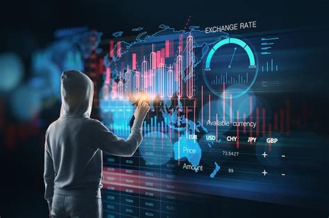 Premium Photo Back View Of Hacker Using Creative Global Forex Chart Interface On Dark