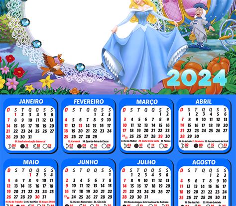 Calendário Cinderela 2024 Moldura Png Digital Grátis