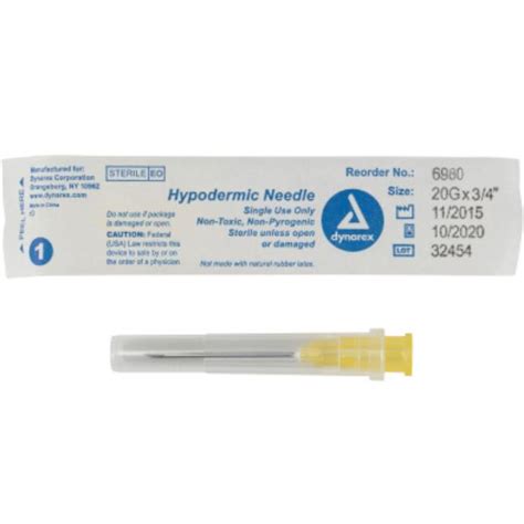 Dynarex Hypodermic Needle Non Toxic 20g 3 4 Needle 10 100 Cs 6980