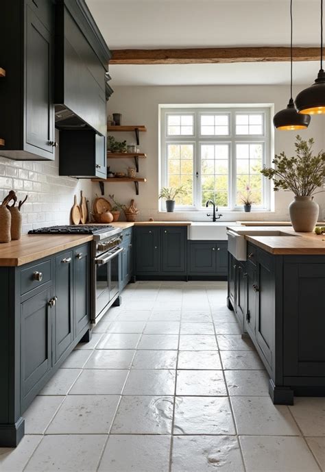 38 Modern Farmhouse Kitchen Ideas With White Tile Floors And Dark