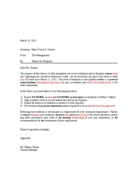 Memo For Tardiness Pdf