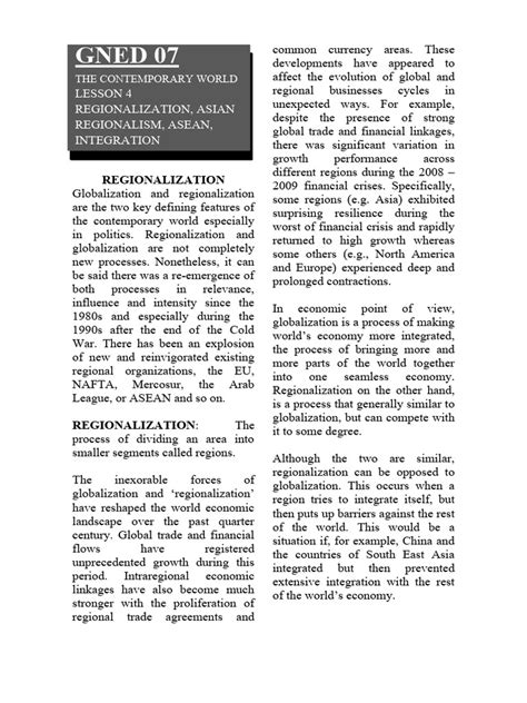Lesson 4 Regionalization Asian Regionalism Asean Integration Pdf