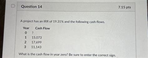 Solved A Project Has An Irr Of 1931 And The Following Cash