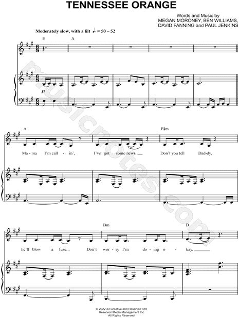Megan Moroney Tennessee Orange Sheet Music In A Major Transposable