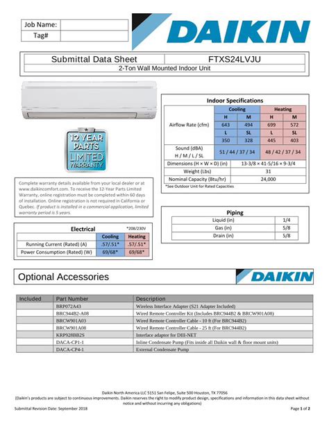 PDF Submittal Data Sheet FTXS24LVJU Goodmanmfg Subm BRC944B2