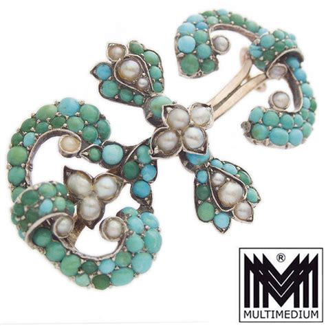 Antike Biedermeier Brosche Silber Türkis Saatperlen Um 1860 Turquoise Seed Pearls Multimedium