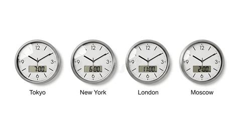 Four Oval World Clocks Displaying Different City Times Stock