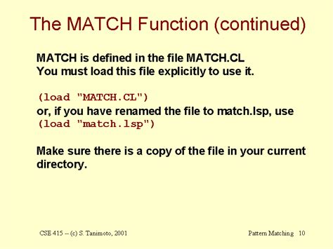 The Match Function Continued