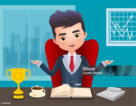 비즈니스 보스 벡터 문자입니다 남성 상사 비즈니스 캐릭터 앉아 서 황금 컵 트로피와 사무실 책상에서 이야기 커피 책과 전화 개념에 대한 스톡 벡터 아트 및 기타 이미지