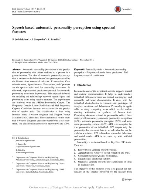 speech based automatic personality perception using spectral features