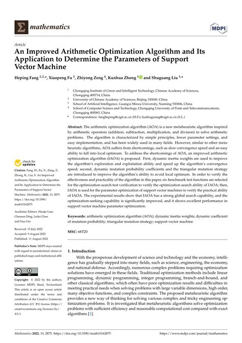 Pdf An Improved Arithmetic Optimization Algorithm And Its Application To Determine The