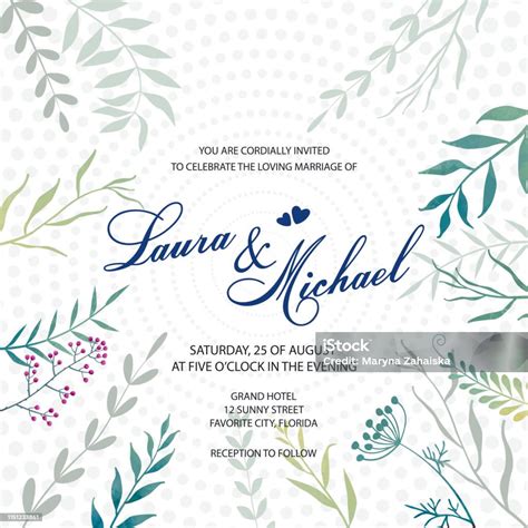 결혼식 초대장입니다 도트와 꽃의 섬세 한 배경입니다 나뭇잎 나뭇가지 허브 결혼식에 대한 스톡 벡터 아트 및 기타 이미지 결혼식 계절 구도 Istock