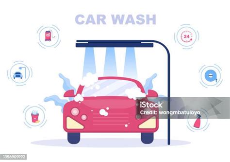 세차 서비스 플랫 디자인 일러스트 배경 포스터 또는 배너에 대한 스폰지 비누와 물을 사용하여 자동차를 세척하는 근로자 개념에 대한 스톡 벡터 아트 및 기타 이미지 Istock