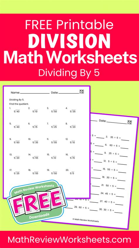 Dividing By 5 Math Review Worksheets