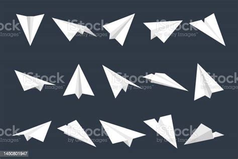 사실적인 백서 비행기 컬렉션 평면 스타일의 수제 종이 접기 항공기 어린이를위한 종이 장난감 비즈니스 개념 요소 프로젝트 시작 및 목표 달성 벡터 일러스트 레이 션 비행기에