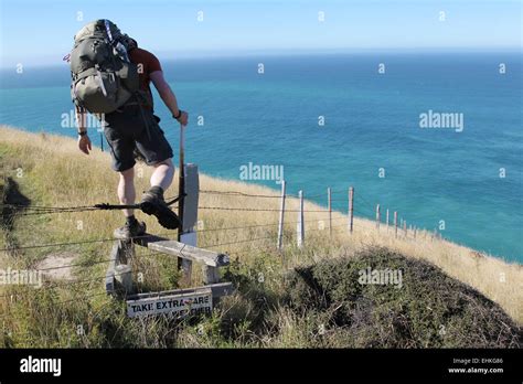 Man Climbs Fence On Hiking Trail Banks Peninsula Track New Zealand
