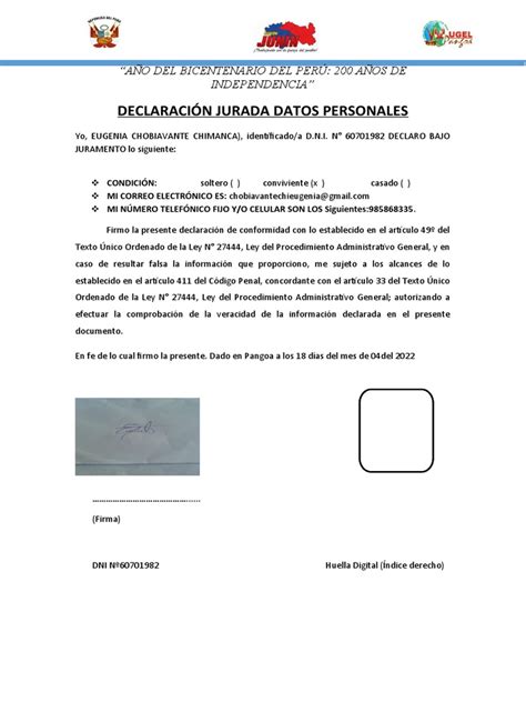 Declaración Jurada De Datos Personales Para Conmemorar El Bicentenario