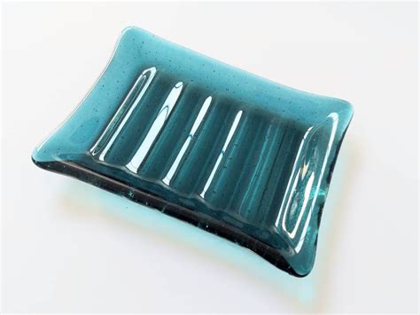 Sea Blue Glass Soap Dish Large Handmade Fused Glass Soap Tray With