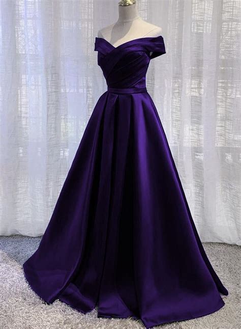 Simple Off Shoulder Satin Long Prom Dress Dark Purple Party Dress Eve