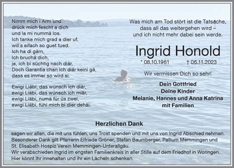 Traueranzeigen Von Ingrid Honold Augsburger Allgemeine Zeitung
