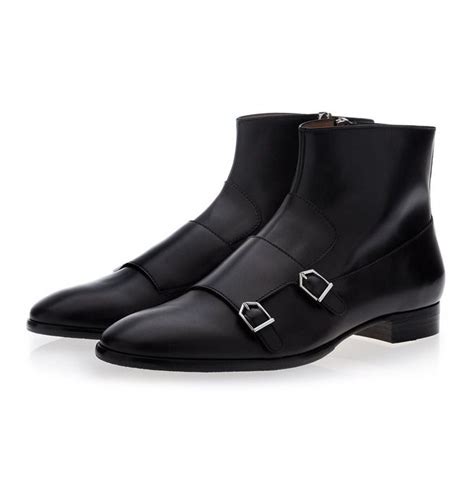 Handmade Men Black Double Monk With Side Zipper Ankle Rebelsmarket
