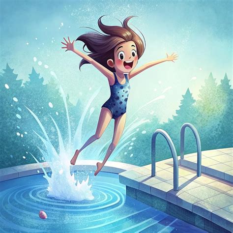 A Cartoon Illustration Of A Girl Jumping Into A Pool With Water