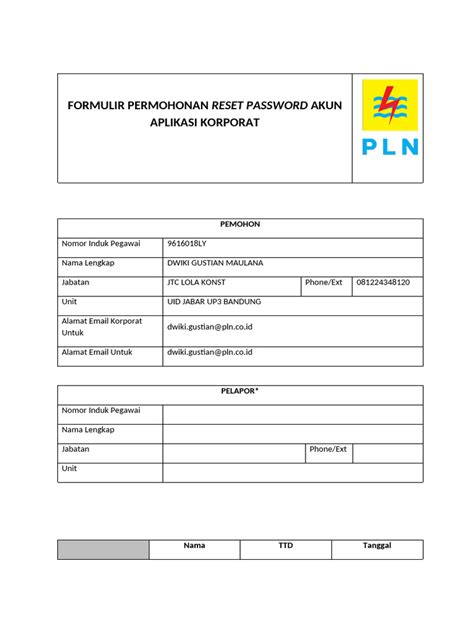 Formulir Permohonan Reset Password Akun Aplikasi Korporat V1 Pdf