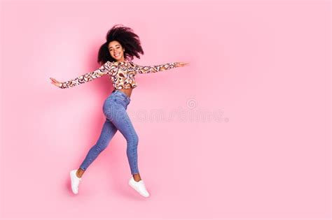 Full Length Photo Of Girlish Pretty Lady Dressed Print Shirt Jumping