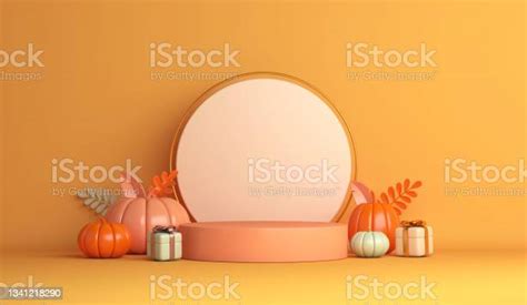 호박 오렌지 배경에 선물 상자 복사 공간 텍스트 3d 렌더링 일러스트와 해피 할로윈 디스플레이 연단 10월에 대한 스톡 사진 및