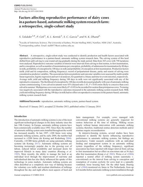 Pdf Reproductive Performance Of Dairy Cows In A Pasture Based